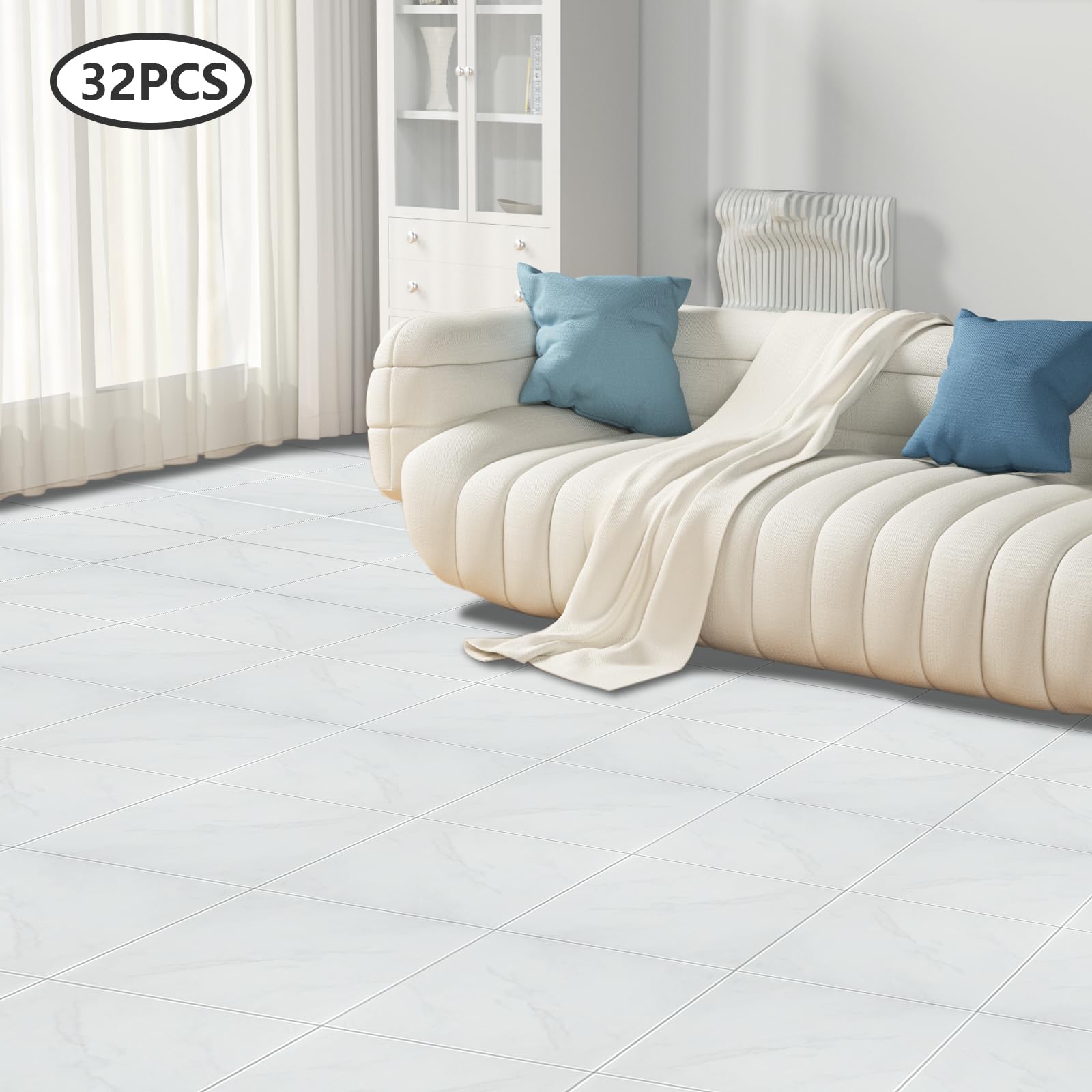 LOHISHIL 32PCS 12 * 12in Stick Floor Tile White Floor Tiles Self, Adhesive Wall Tiles Peel and Stick Floor Tiles Bathroom Floor Stickers for Kitchen, Bedroom, Hallways, Garages, Lobbies(White)