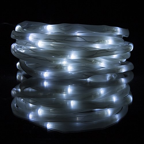 Pure Garden Solar Powered LED Rope Lights – 32 FT Strand with 100 White Bulbs, Steady or Twinkle Mode – Outdoor Patio, Landscape, and Garden Décor