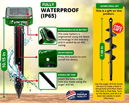YARDEC Gopher Repellent Ultrasonic Solar Powered - Easy to Use Solar Mole Repellent Ultrasonic with an Auger Drill Bit - IP65 Waterproof Sonic Repeller Stakes for Groundhog, Vole, Snake, etc (4-Pack)
