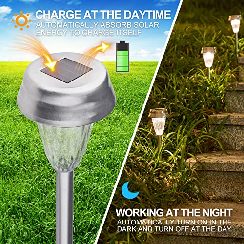 QEEPGG Solar Lights Pathway Outdoor Waterproof Stainless Steel Metal Plastic Auto On/Off Solar Powered Landscape LED Lighting for Garden Yard Walkway Lawn, Patio, Deck, Driveway Stakes