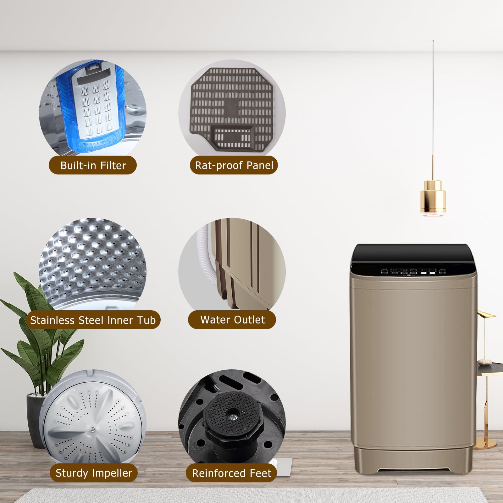 AXUTL Washing Machine Washer Machine 1.25cu.ft Apartment Dorm Laundry Compact Portable Washer Gold Full Automatic, 8 Water Levels, 10 Wash Programs