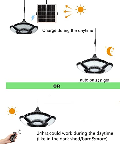 HULPPRE Solar Shed Light Daytime or Night 4+1 Leaves 136Leds Brighter Solar Light Indoor&Outdoor with Remote,IP65 Barn/Chicken Coop/Workshop/Ceiling/Pendant Light for Patio,Garden,Yard,Gazebo