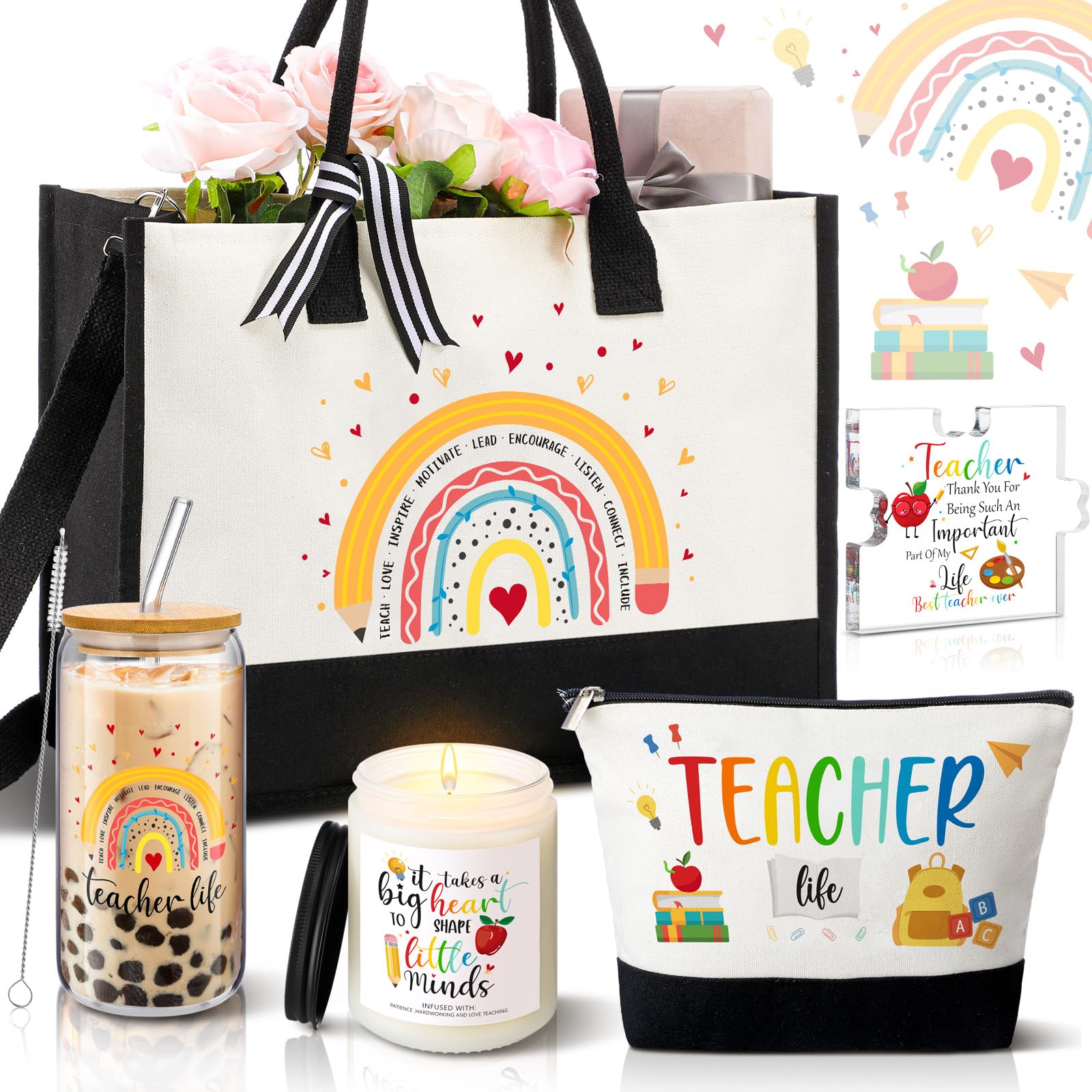 Locmeo Teachers' Day Gifts Bulk Appreciation Gifts for Teacher Include a Tote Bag a Makeup Bag a Piece of Puzzle a Lavender Scented Candle a 16 oz Glass with Lid Straw and Brush