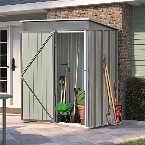 Knocbel 5 x 3ft Outdoor Garden Metal Lean-to Storage Shed with Single Lockable Door, Weather Resistant Tool Shed for Garbage Cans Lawnmower, Ideal for Backyard Patio Lawn (Gray)