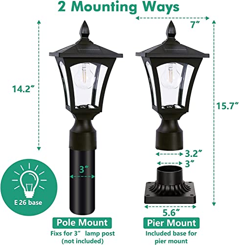 Outdoor Solar Post Light Fixture with 3" Pier Mount Base, Dusk to Dawn Outdoor Solar Lamps for Garden Post Pole Mount, Landscape Yard Pathway Deck Garden Yard Pole Pillar, Waterproof Decorative lamp