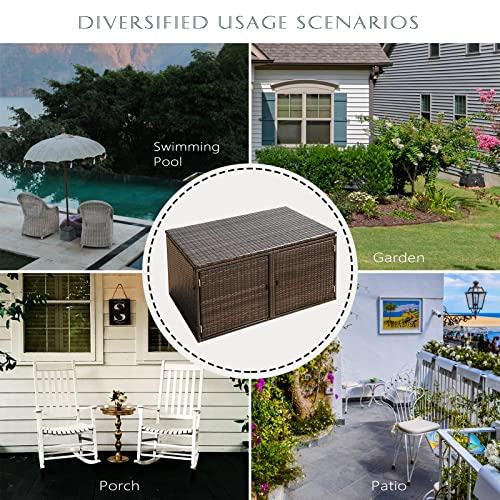 Outdoor 110 Gallon Rattan Deck Box, Wicker Patio Storage Cabinet Waterproof Storage Double Openable Door Cabinet Rattan Storage Deck Box with Lid and Separate Storage Shelf for Garden, Patio, Porch, Yard, can Store Cushions, Tools, Toys,Brown