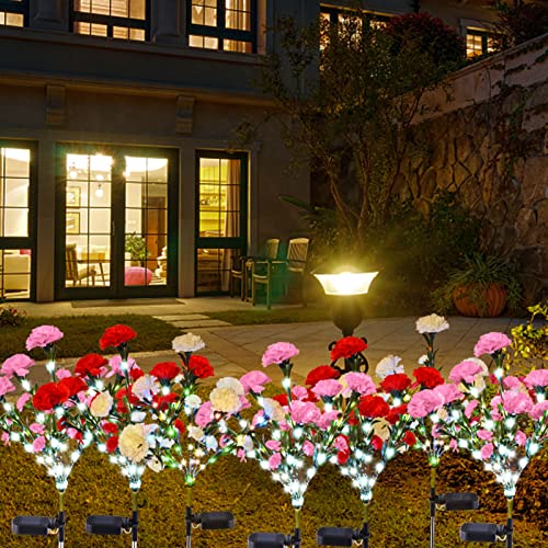 Solar Flower Lights Outdoor, 2 Pack Carnation Solar Garden Lights 49-LED, Waterproof Landscape Stake Lights, Used for Garden Courtyard Path Wedding Christmas and Mother's Day Decoration (White)