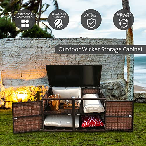 Outdoor 110 Gallon Rattan Deck Box, Wicker Patio Storage Cabinet Waterproof Storage Double Openable Door Cabinet Rattan Storage Deck Box with Lid and Separate Storage Shelf for Garden, Patio, Porch, Yard, can Store Cushions, Tools, Toys,Brown