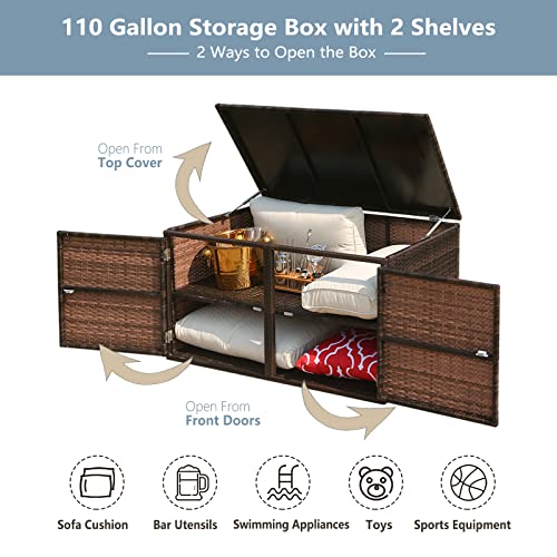 Outdoor 110 Gallon Rattan Deck Box, Wicker Patio Storage Cabinet Waterproof Storage Double Openable Door Cabinet Rattan Storage Deck Box with Lid and Separate Storage Shelf for Garden, Patio, Porch, Yard, can Store Cushions, Tools, Toys,Brown