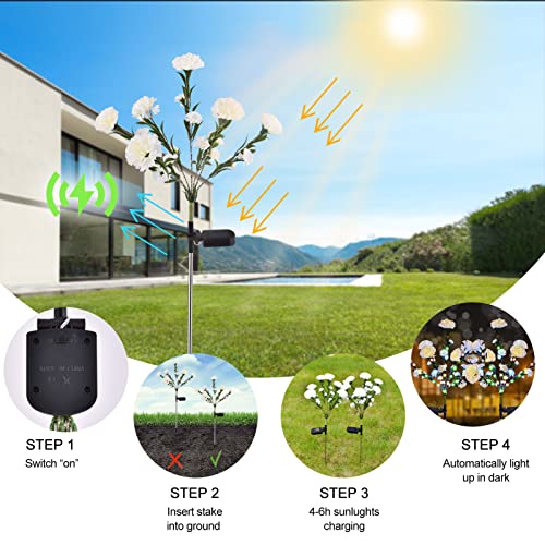 Solar Flower Lights Outdoor, 2 Pack Carnation Solar Garden Lights 49-LED, Waterproof Landscape Stake Lights, Used for Garden Courtyard Path Wedding Christmas and Mother's Day Decoration (White)