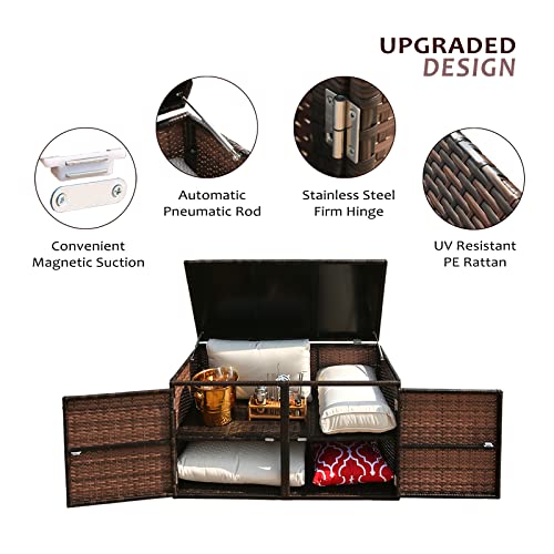 Outdoor 110 Gallon Rattan Deck Box, Wicker Patio Storage Cabinet Waterproof Storage Double Openable Door Cabinet Rattan Storage Deck Box with Lid and Separate Storage Shelf for Garden, Patio, Porch, Yard, can Store Cushions, Tools, Toys,Brown