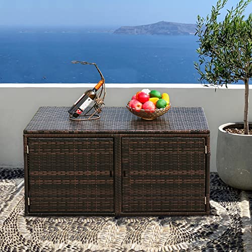 Outdoor 110 Gallon Rattan Deck Box, Wicker Patio Storage Cabinet Waterproof Storage Double Openable Door Cabinet Rattan Storage Deck Box with Lid and Separate Storage Shelf for Garden, Patio, Porch, Yard, can Store Cushions, Tools, Toys,Brown