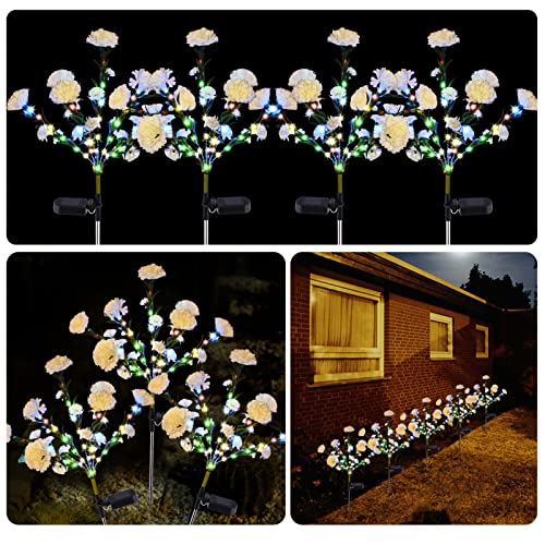 Solar Flower Lights Outdoor, 2 Pack Carnation Solar Garden Lights 49-LED, Waterproof Landscape Stake Lights, Used for Garden Courtyard Path Wedding Christmas and Mother's Day Decoration (White)