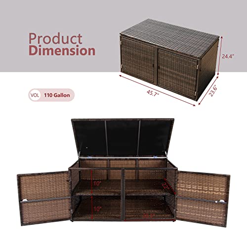 Outdoor 110 Gallon Rattan Deck Box, Wicker Patio Storage Cabinet Waterproof Storage Double Openable Door Cabinet Rattan Storage Deck Box with Lid and Separate Storage Shelf for Garden, Patio, Porch, Yard, can Store Cushions, Tools, Toys,Brown