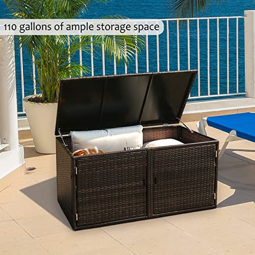Outdoor 110 Gallon Rattan Deck Box, Wicker Patio Storage Cabinet Waterproof Storage Double Openable Door Cabinet Rattan Storage Deck Box with Lid and Separate Storage Shelf for Garden, Patio, Porch, Yard, can Store Cushions, Tools, Toys,Brown