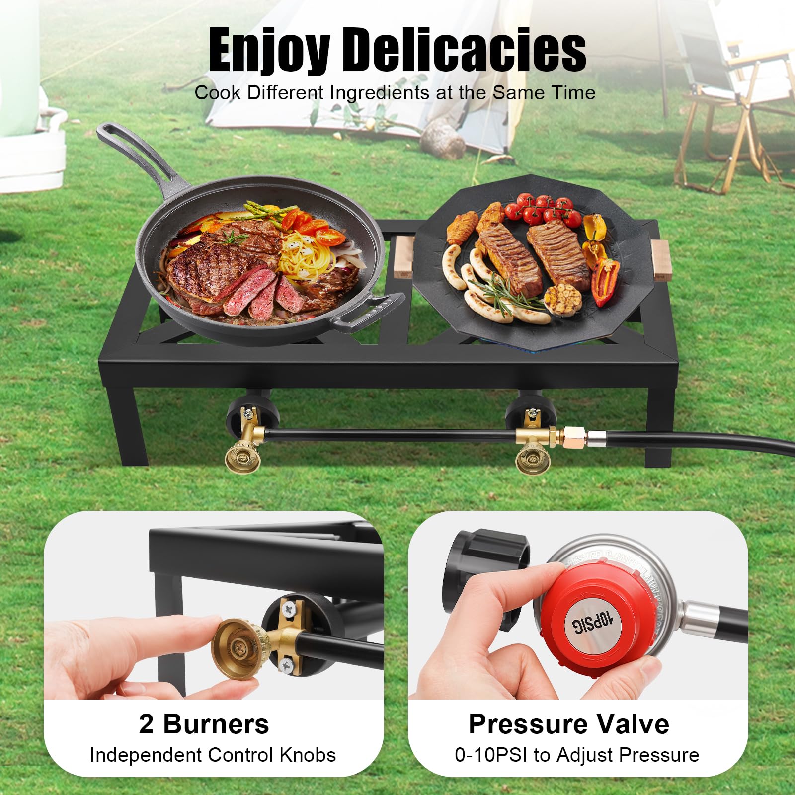 Portable Double Burner Outdoor Gas Stove Cast Iron Propane Cooker with Adjustable 0-10Psi Regulator Hose for Patio Camping, BBQ, Home Brewing,Tailgating, Hiking, Maple Syrup Prep