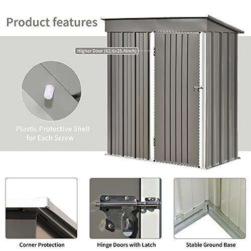 Knocbel 5 x 3ft Outdoor Garden Metal Lean-to Storage Shed with Single Lockable Door, Weather Resistant Tool Shed for Garbage Cans Lawnmower, Ideal for Backyard Patio Lawn (Gray)