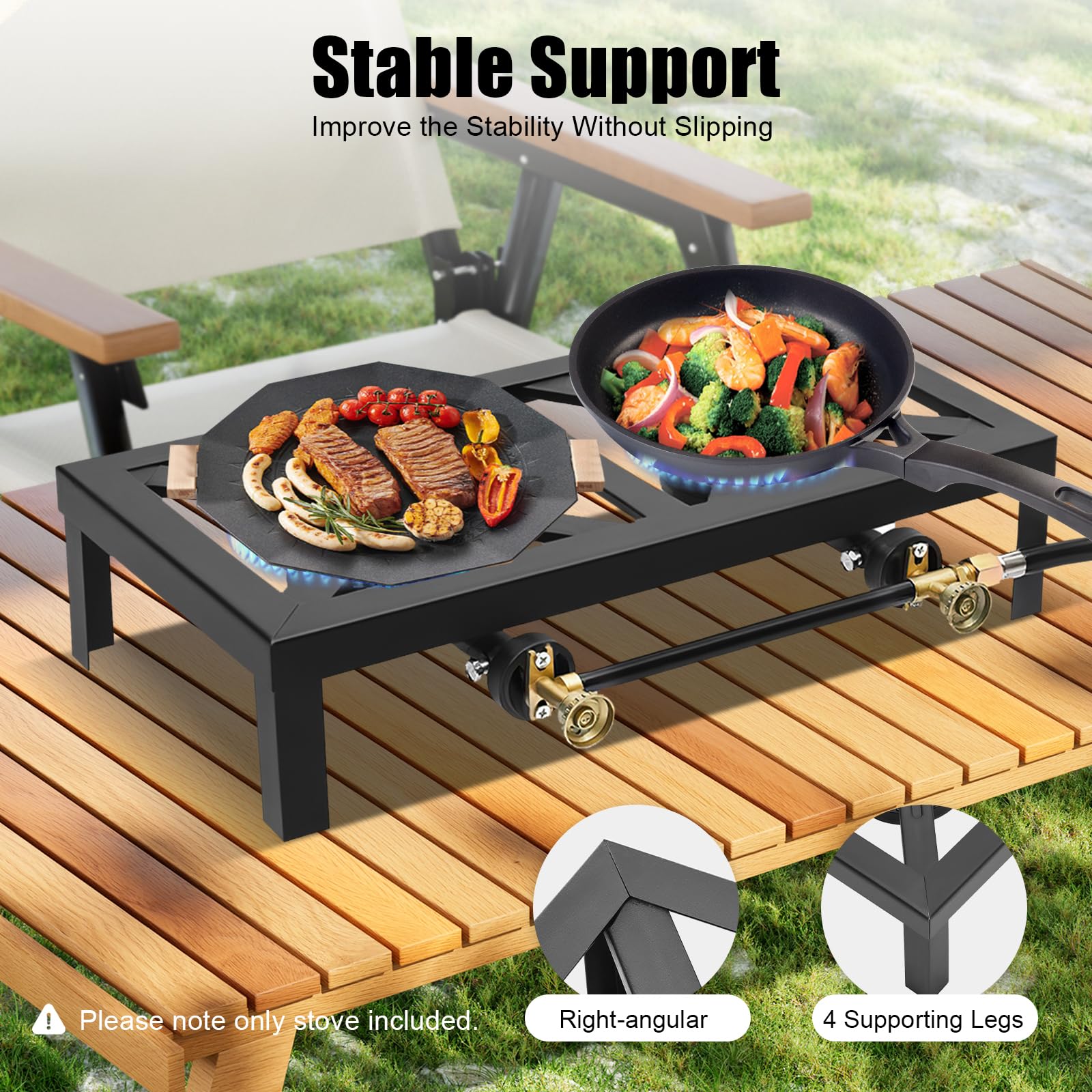 Portable Double Burner Outdoor Gas Stove Cast Iron Propane Cooker with Adjustable 0-10Psi Regulator Hose for Patio Camping, BBQ, Home Brewing,Tailgating, Hiking, Maple Syrup Prep