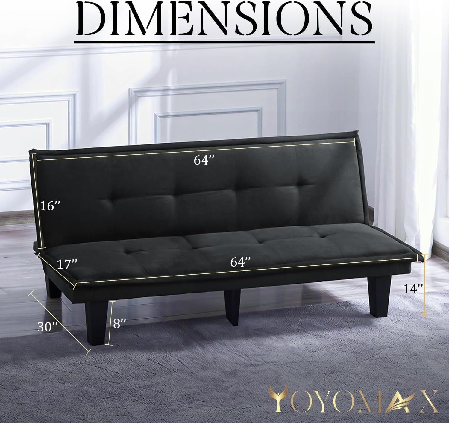 yoyomax Futon Sofa Bed-Convertible Sofa Bed Couch with Adjustable Modern Folding Sofa Bed Easy to Clean-Ideal for Bedroom, Living Room, Apartment and Office-Compact Design for Spacing Saving, Black