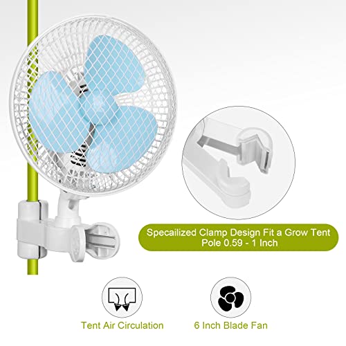 blessny 6 Inch Oscillating Grow Tent Clip on Fan for Pole Mount 0.6-1 inch, 8 Ft Long cord Small growing Monkey Fan Oscillation for Hydroponic, 20W 2-Speed Super quiet with Heavy duty Clamp
