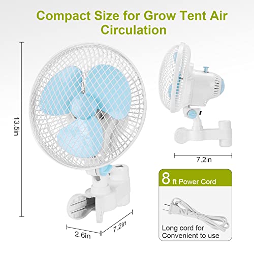 blessny 6 Inch Oscillating Grow Tent Clip on Fan for Pole Mount 0.6-1 inch, 8 Ft Long cord Small growing Monkey Fan Oscillation for Hydroponic, 20W 2-Speed Super quiet with Heavy duty Clamp