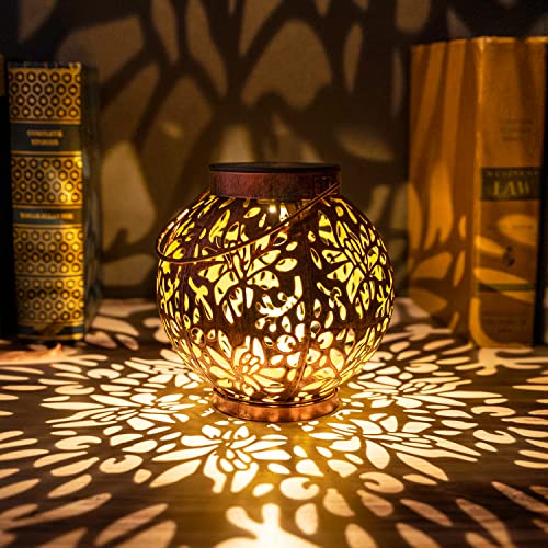 JOIEDOMI 2 Pack Outdoor Solar Hanging Lantern Lights, Waterproof Tabletop Solar Lights with Handle, LED Solar Powered Moroccan Lanterns, Metal Decorative Garden Lights for Patio, Lawn, Porch, Backyard