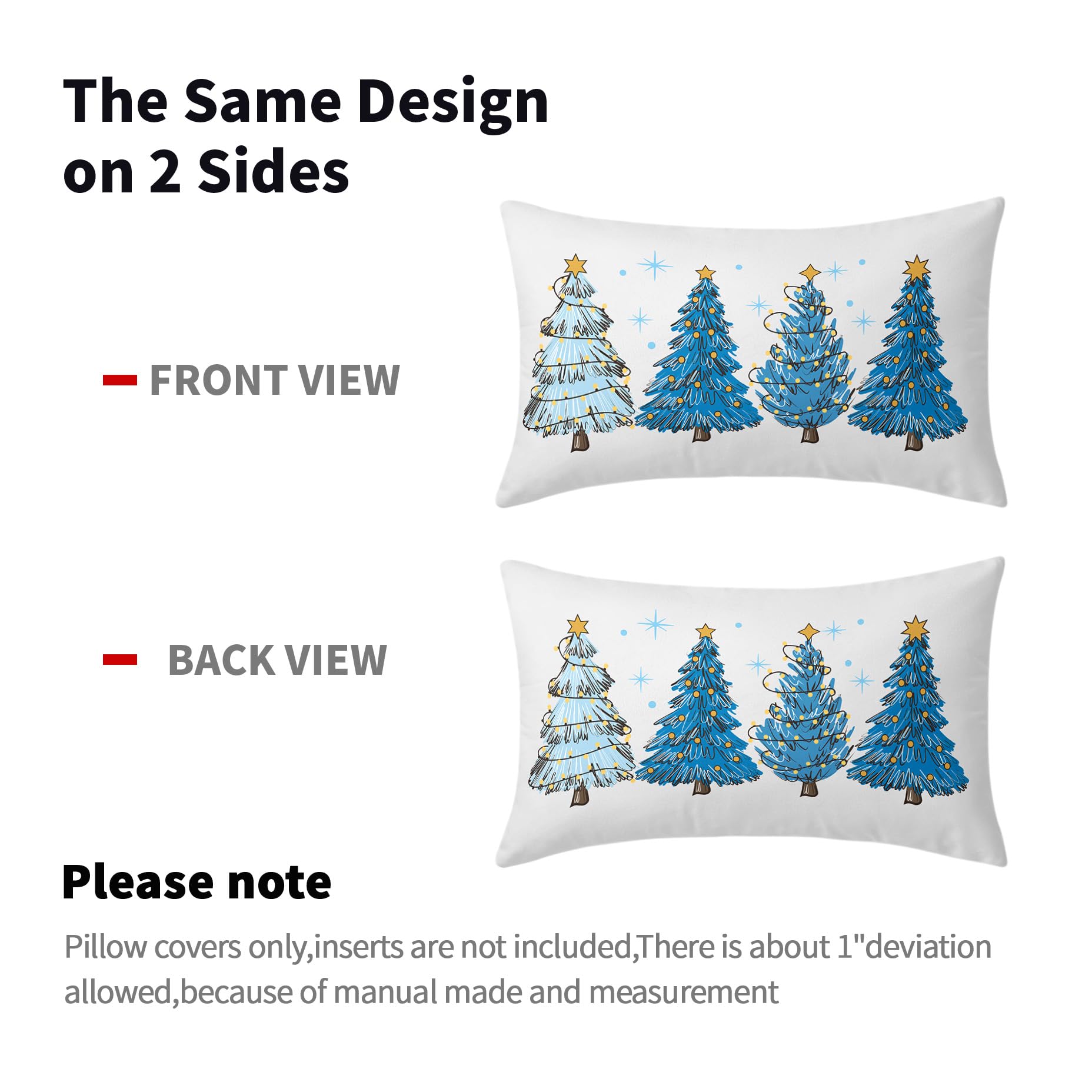 Blue Christmas Tree Lumbar Throw Pillow Covers 12X20 In Set of 2 Xmas Tree Lights Stars Decorative Rectangle Pillow Cases Winter Holiday Pillow Cover Farmhouse Home Decor For Living Room Sofa Couch