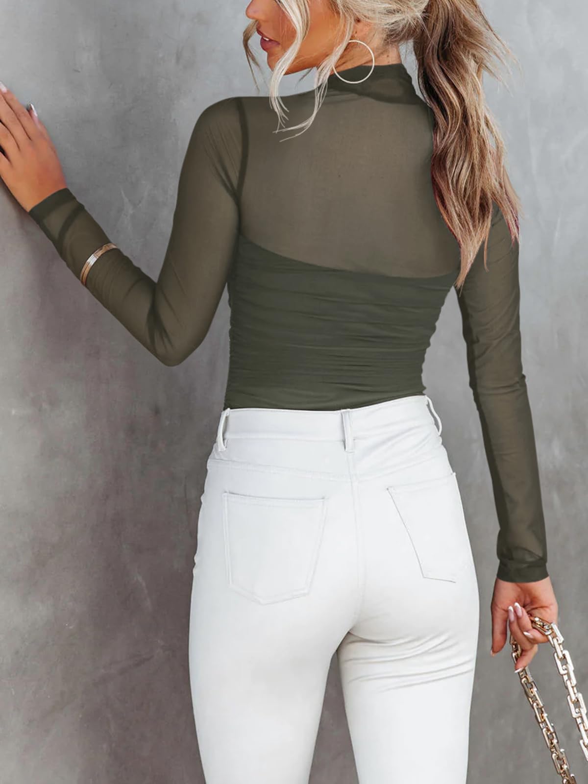 REORIA Women’s Fall Sexy Mock Turtle Neck Long Sleeve Sheer Mesh Slim Fit Ruched Trendy Going Out Leotard Bodysuits Tops Grey Green Large