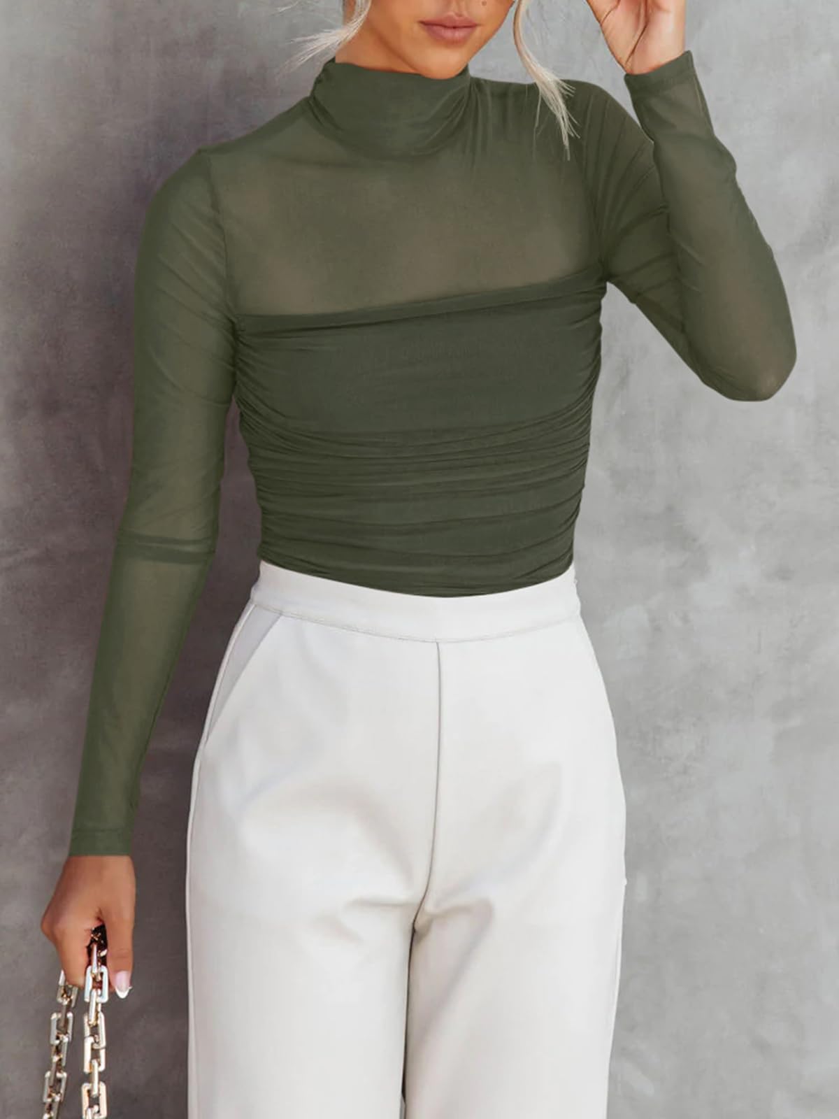 REORIA Women’s Fall Sexy Mock Turtle Neck Long Sleeve Sheer Mesh Slim Fit Ruched Trendy Going Out Leotard Bodysuits Tops Grey Green Large