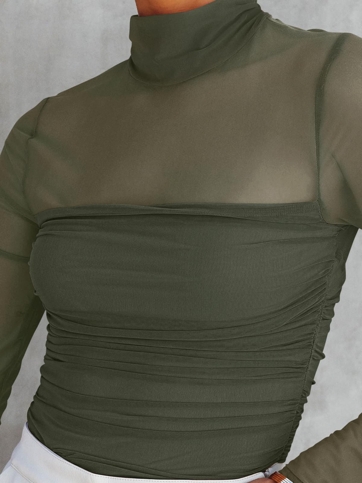REORIA Women’s Fall Sexy Mock Turtle Neck Long Sleeve Sheer Mesh Slim Fit Ruched Trendy Going Out Leotard Bodysuits Tops Grey Green Large