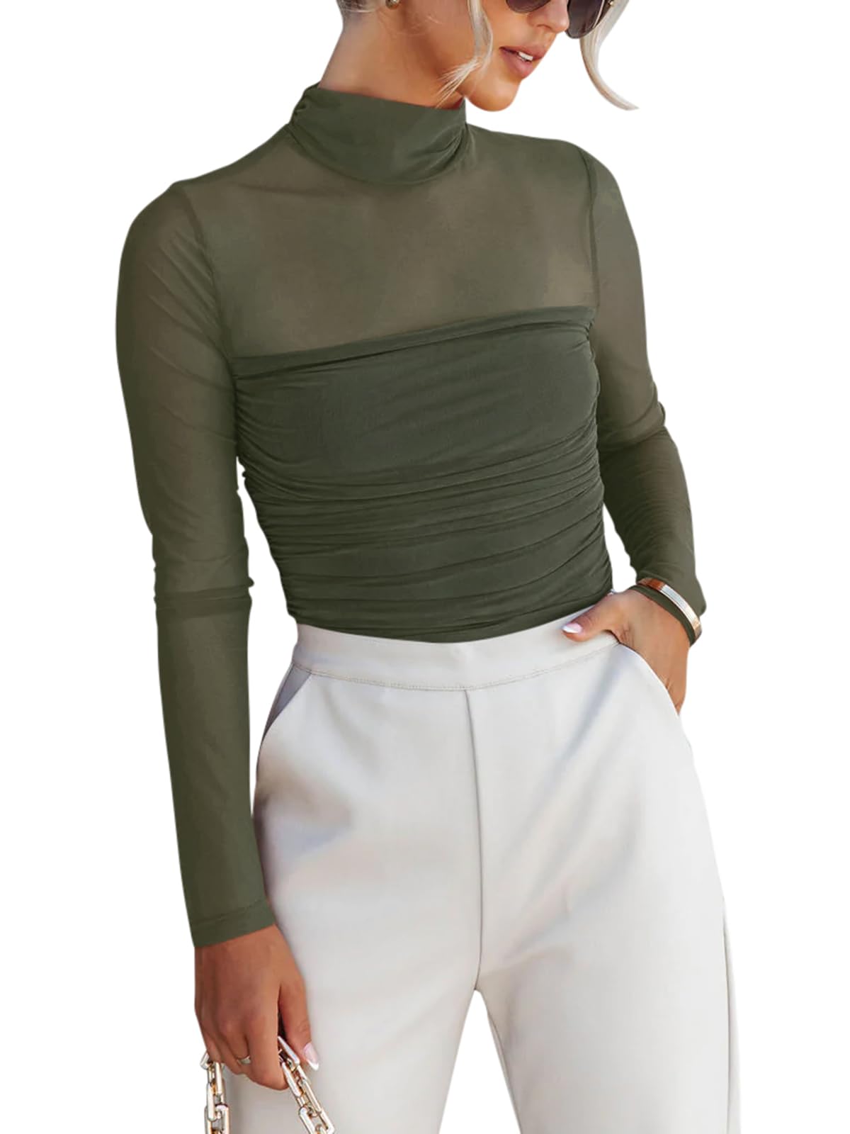 REORIA Women’s Fall Sexy Mock Turtle Neck Long Sleeve Sheer Mesh Slim Fit Ruched Trendy Going Out Leotard Bodysuits Tops Grey Green Large