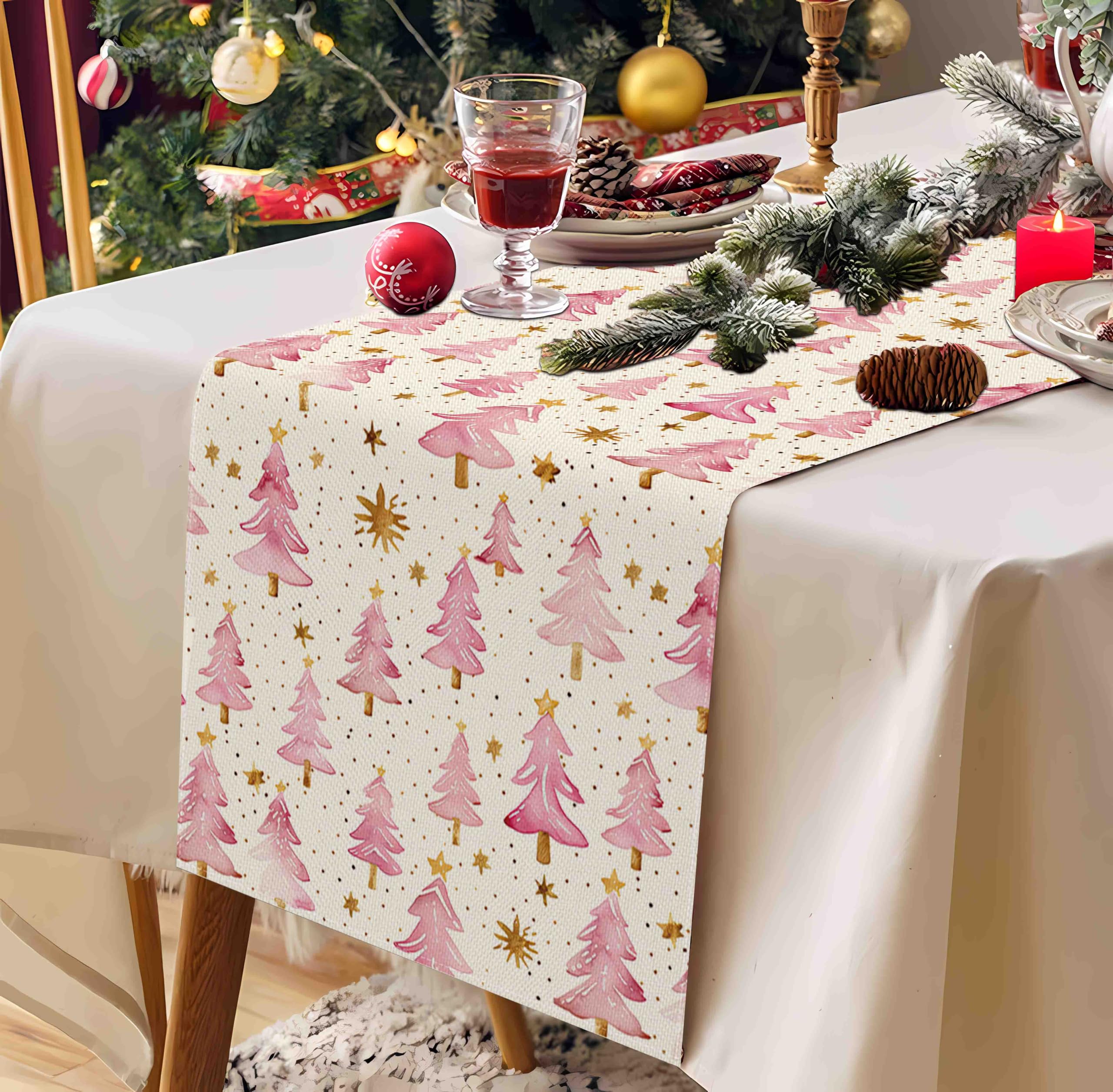Christmas Table Runner 13x72 Inch, Pink Merry Christmas Trees Table Decors for Seasonal Winter Xmas Holiday Farmhouse Home Kitchen Dining Party