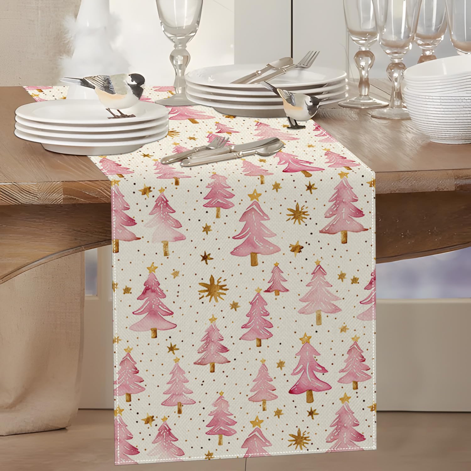 Christmas Table Runner 13x72 Inch, Pink Merry Christmas Trees Table Decors for Seasonal Winter Xmas Holiday Farmhouse Home Kitchen Dining Party