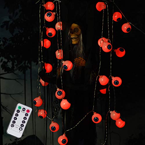 DAYLIGHTIR Halloween Ghost Eyeball String Lights, 16ft 30LED Battery-Powered Remote-Control Perfect Halloween Decoration for Outdoor, Indoor, Garden, Yard, Tree, Party (Red)