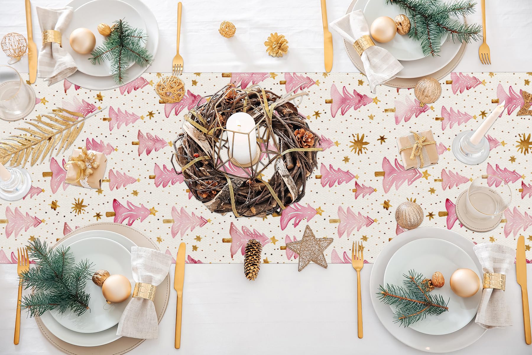 Christmas Table Runner 13x72 Inch, Pink Merry Christmas Trees Table Decors for Seasonal Winter Xmas Holiday Farmhouse Home Kitchen Dining Party