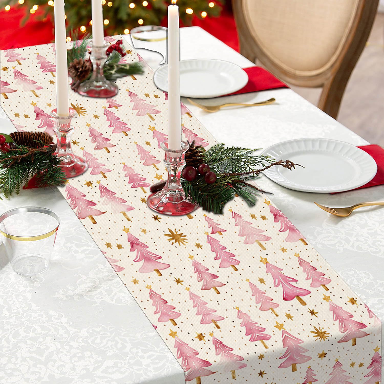 Christmas Table Runner 13x72 Inch, Pink Merry Christmas Trees Table Decors for Seasonal Winter Xmas Holiday Farmhouse Home Kitchen Dining Party