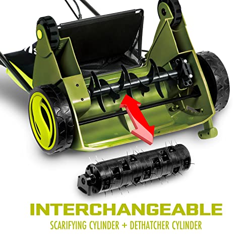 Sun Joe AJ801E 12-Amp 13-Inch Electric Dethatcher and Scarifier w/Removeable 8-Gallon Collection Bag, 5-Position Height Adjustment, Airboost Technology Increases Lawn Health, 13 inch, Green