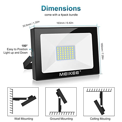MEIKEE 35W LED Flood Lights Outdoor, 3500lm LED Work Light with Plug, 5000K Natural White Security Light, IP66 Waterproof Portable Outdoor Flood Lighting for Garage Garden Stadium Playground (4Pack)