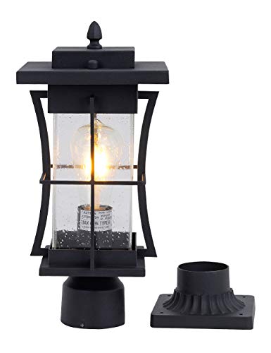 EERU Waterproof Outdoor Post Light Fixture Pole Mount Light with Pier Mount Adapter, Black Finish with Seeded Glass Outdoor Post Lantern for Patio, Garden, Porch and Backyard