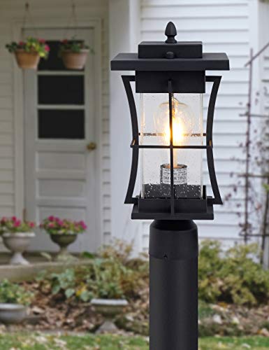 EERU Waterproof Outdoor Post Light Fixture Pole Mount Light with Pier Mount Adapter, Black Finish with Seeded Glass Outdoor Post Lantern for Patio, Garden, Porch and Backyard