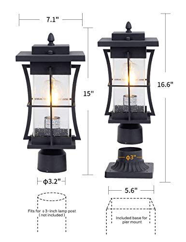 EERU Waterproof Outdoor Post Light Fixture Pole Mount Light with Pier Mount Adapter, Black Finish with Seeded Glass Outdoor Post Lantern for Patio, Garden, Porch and Backyard