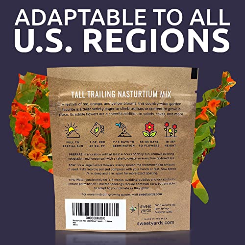 Sweet Yards Seed Co. Nasturtium Seeds β Mixed Colors β Extra Large Packet β Over 200 Open Pollinated Non-GMO Flower Seeds β Tropaeolum majus