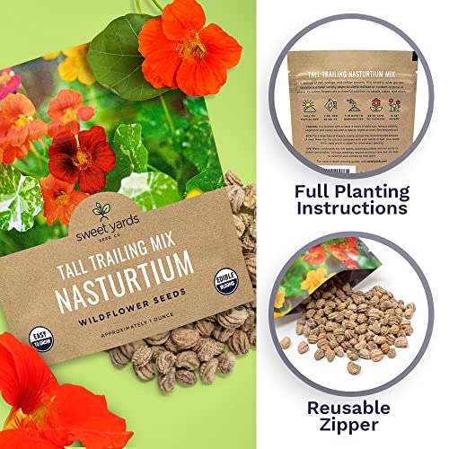 Sweet Yards Seed Co. Nasturtium Seeds β Mixed Colors β Extra Large Packet β Over 200 Open Pollinated Non-GMO Flower Seeds β Tropaeolum majus
