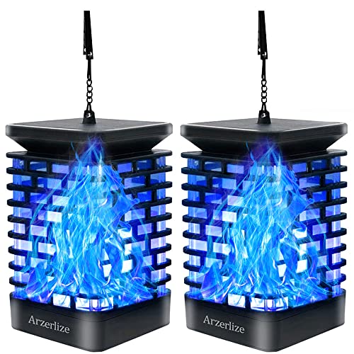 Arzerlize Blue Solar Christamas Lights Outdoor Waterproof 99LED Lantern, USB or Solar Powered Hanging Solar Outdoor Lights Flickering Flame Deck Light Garden Decoration Yard Patio Landscape Blue 2P