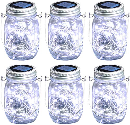Nintiue Mason Jar Solar Lights, 6 Pack 30 LEDs Fairy Lights with Jars and Hangers, IPX6 Waterproof Hanging Solar Lights Outdoor, Decorative Solar Lanterns for Garden Fence Patio Wedding