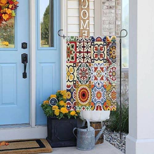 Double-sided garden flag Mexican Talavera Ceramic Tile Pattern Ethnic Folk Outdoor Flag Garden Flag Yard Outdoor Decoration (12×18in).