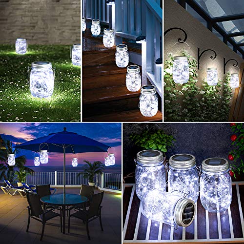 Nintiue Mason Jar Solar Lights, 6 Pack 30 LEDs Fairy Lights with Jars and Hangers, IPX6 Waterproof Hanging Solar Lights Outdoor, Decorative Solar Lanterns for Garden Fence Patio Wedding
