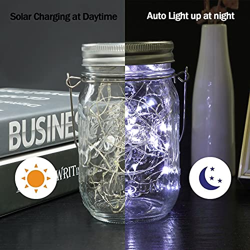 Nintiue Mason Jar Solar Lights, 6 Pack 30 LEDs Fairy Lights with Jars and Hangers, IPX6 Waterproof Hanging Solar Lights Outdoor, Decorative Solar Lanterns for Garden Fence Patio Wedding