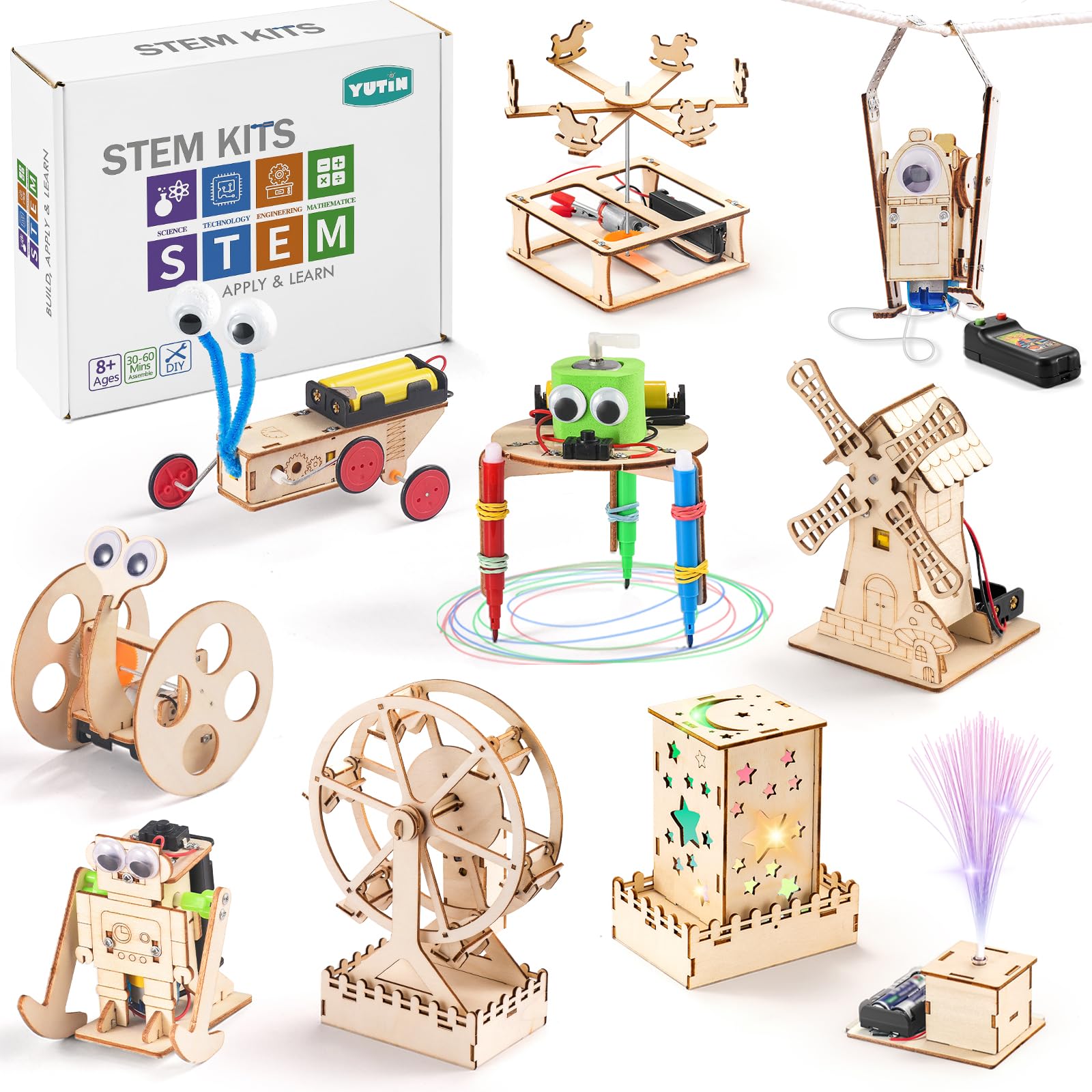 10 in 1 STEM Building Kits for Kids Age 8-12, Wood Crafts for Boys and Girls Age 6-8, 3D Wooden Puzzles Woodworking Robot Model Stem Projects for 6 7 8 9 10 11 12 Years Old