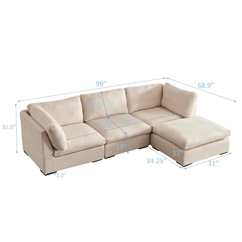 L-Shaped Convertible Deep Seats Down Filled Modular Sectional Sofa with Reversible Chaise/Movable Ottoman,Comfy Upholstered Corner Couch,Free Combination 4-Seat Leisure Sofá for Living Room